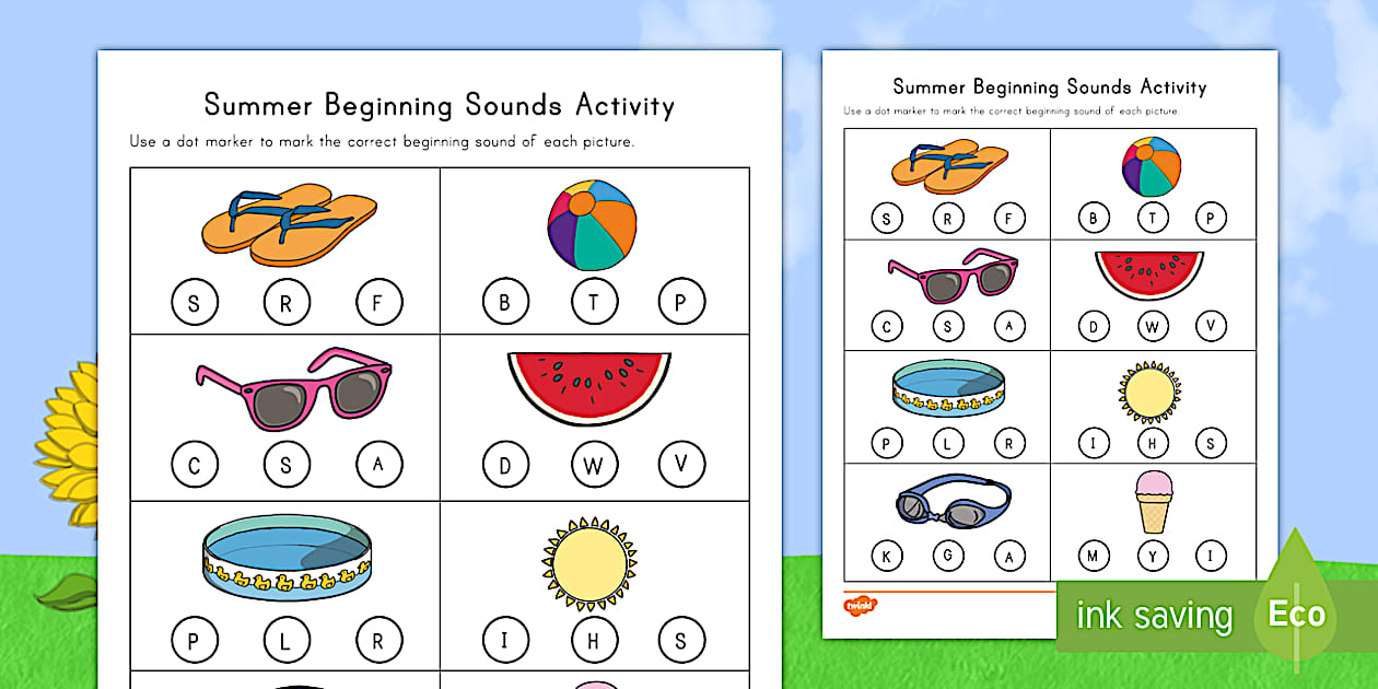 Summer Words Beginning Sounds Worksheet for PreK-K - Twinkl