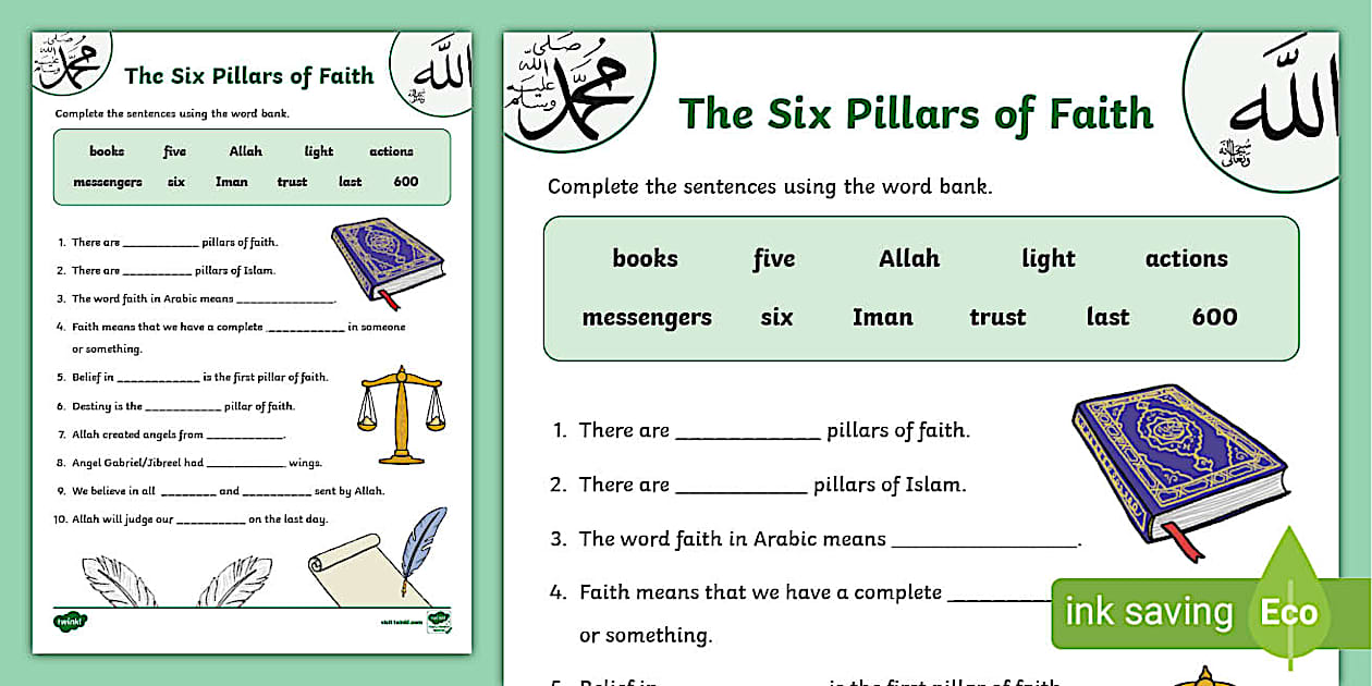 The Six Pillars of Faith Fill in the Blanks Worksheet