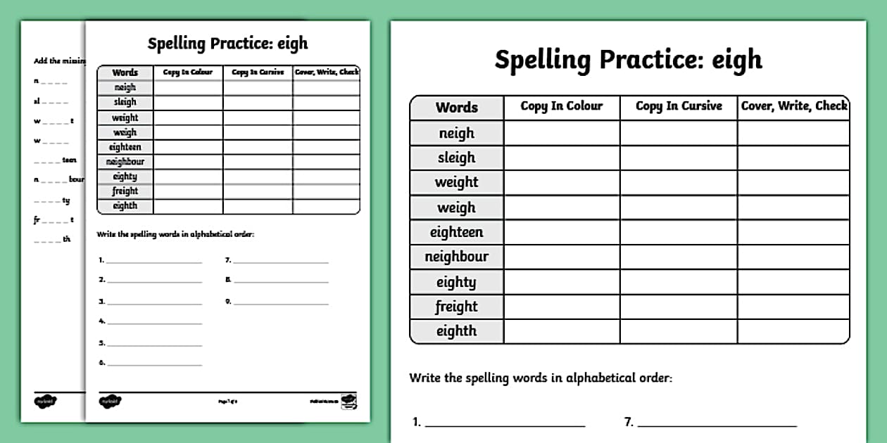 Grade 3 -eigh Spelling Practice Sheets (teacher made)