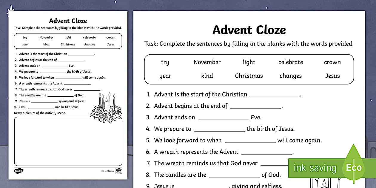 TAS Advent Cloze Worksheet (teacher made) - Twinkl