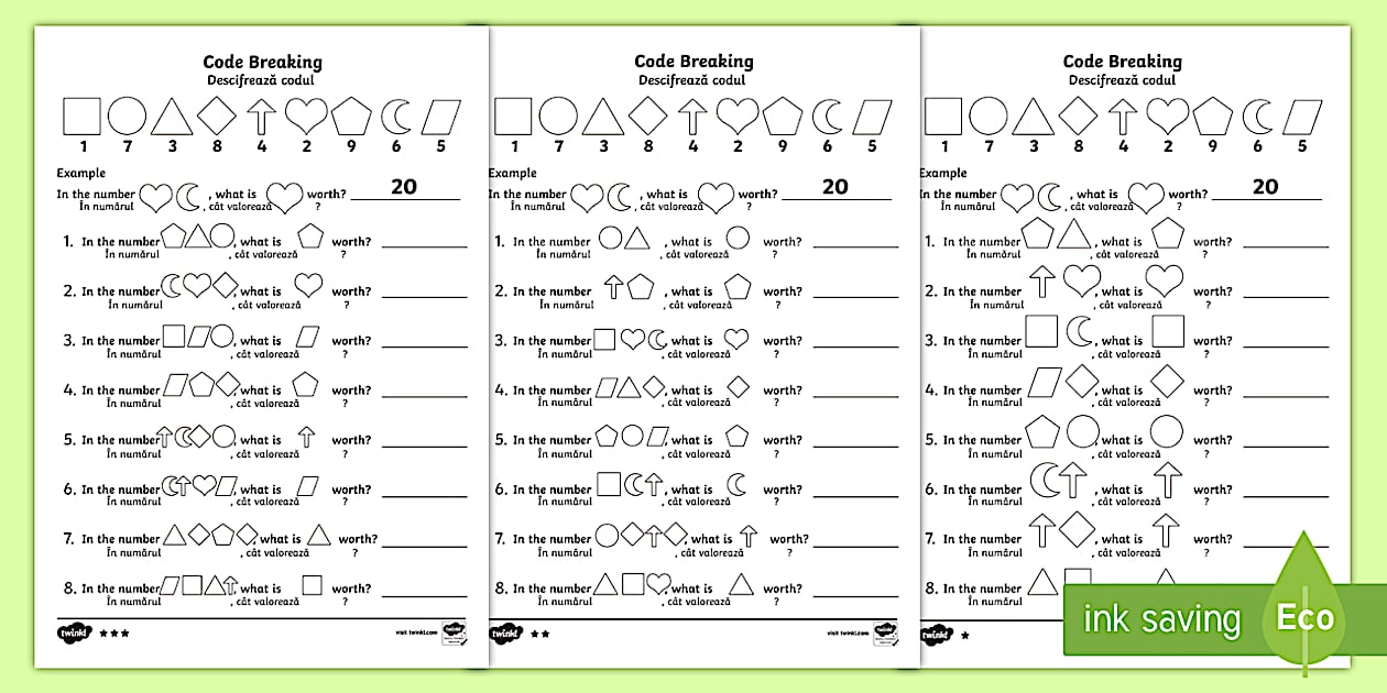 Middle Ability Place Value Code Breaking Worksheet Pack English/Romanian