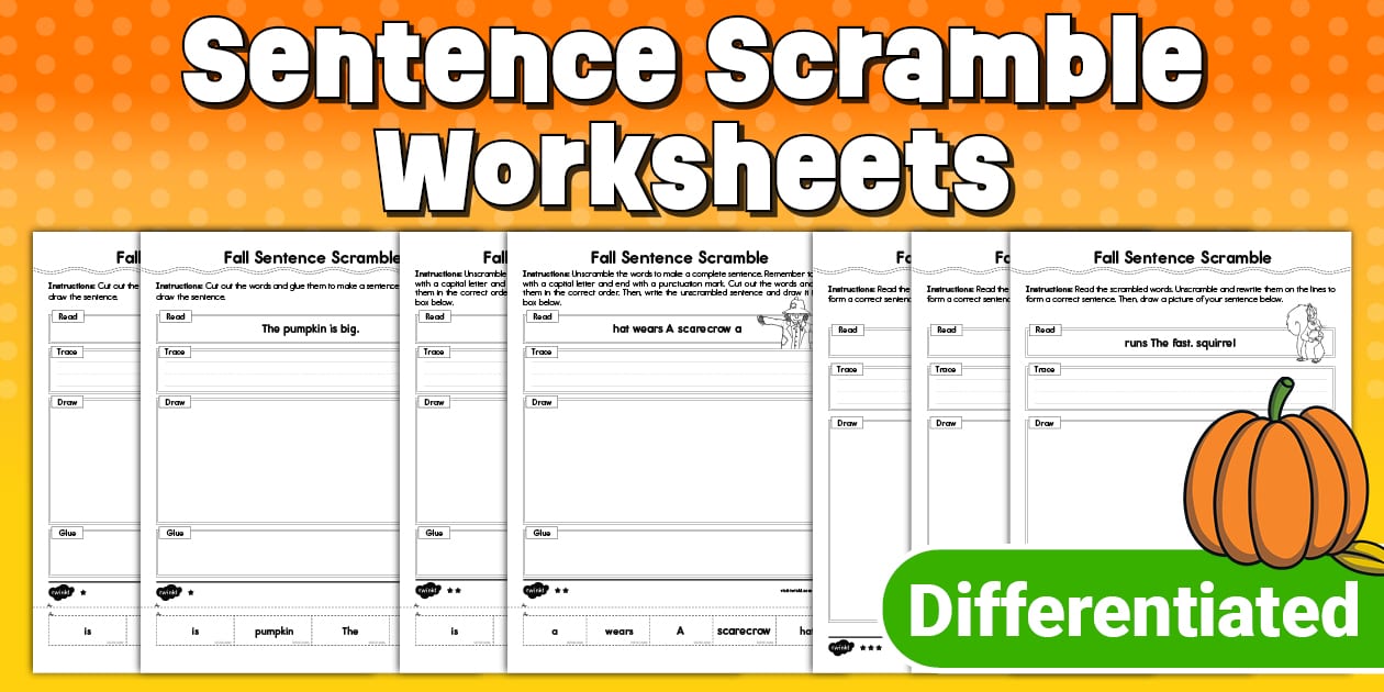 Fall Sentence Scramble Differentiated Worksheets for K-2nd Grade