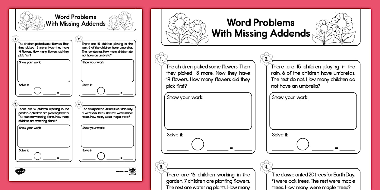 First Grade Spring Word Problems with Missing Addends