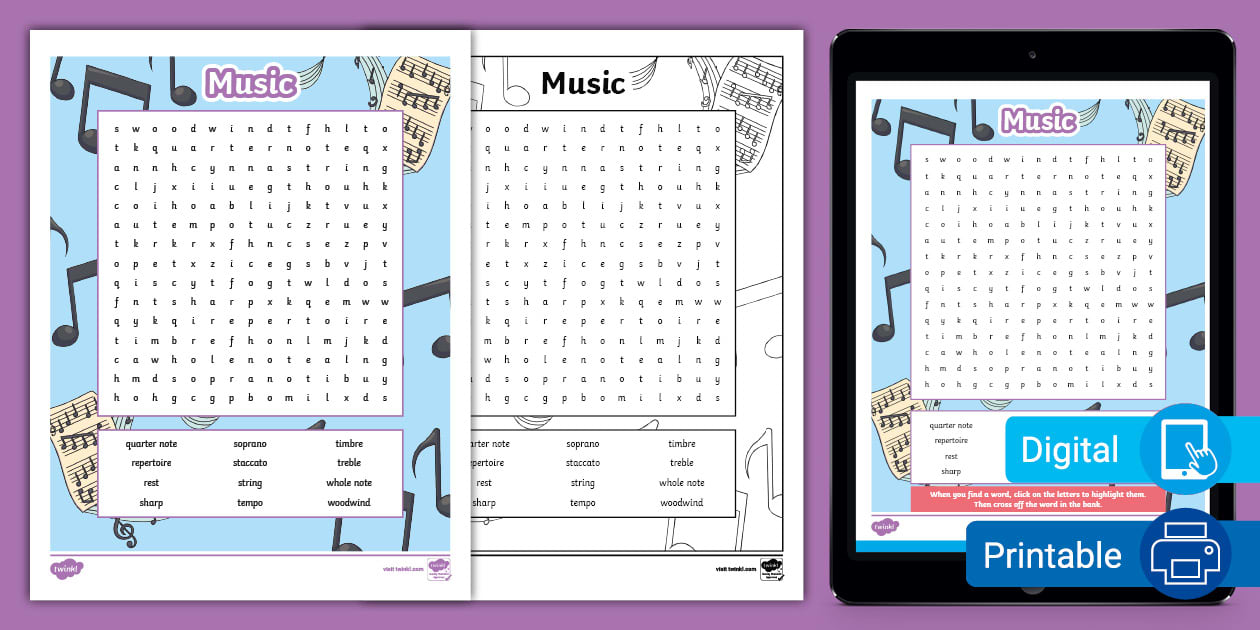 Tier 3 Music Vocabulary Word Search for 3rd-5th Grade