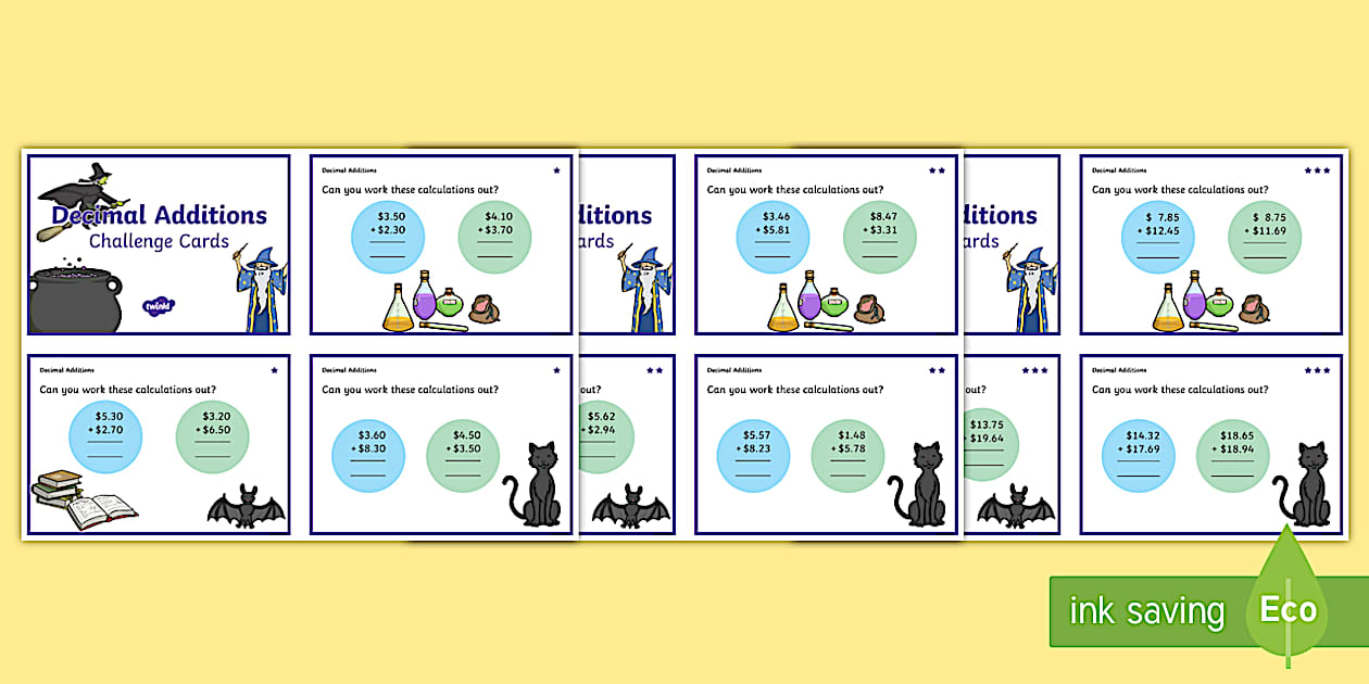 Higher Ability Decimals Additions Match Magic Theme Challenge Cards