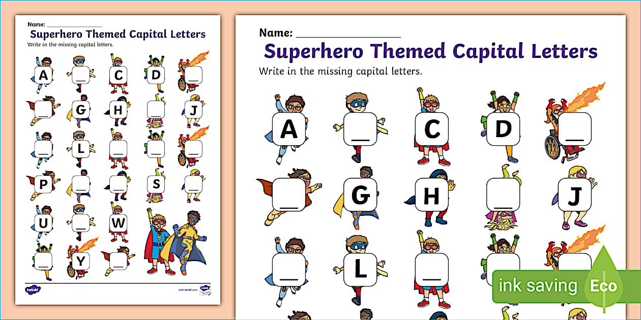 Superhero Themed Missing Capital Letters Activity Sheets