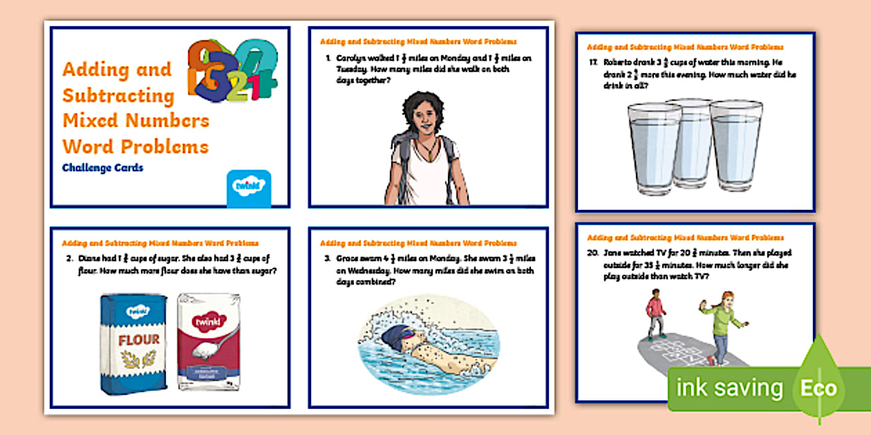 Adding and Subtracting Mixed Numbers Word Problems Challenge Cards for ...