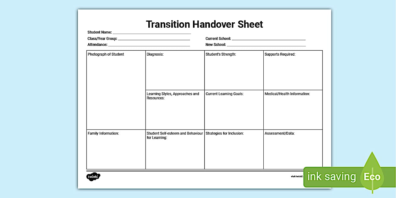 Transition Handover Sheet: Inclusive Education - Twinkl