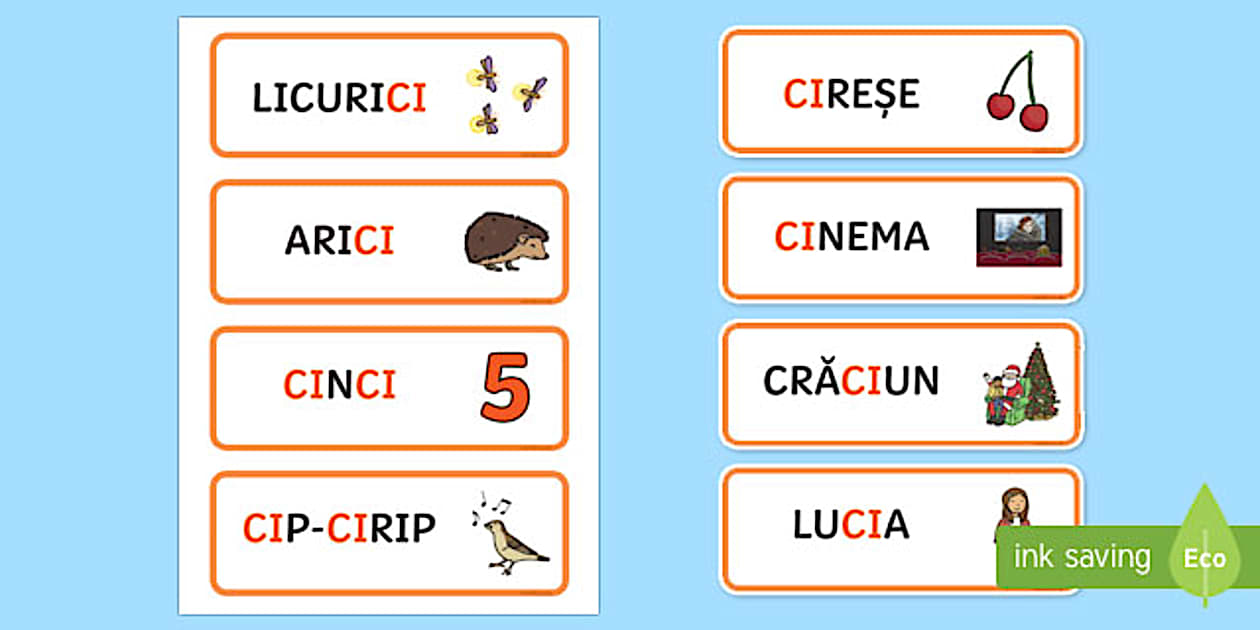 Grupul de litere „ci” - Cartonașe cu cuvinte ilustrate