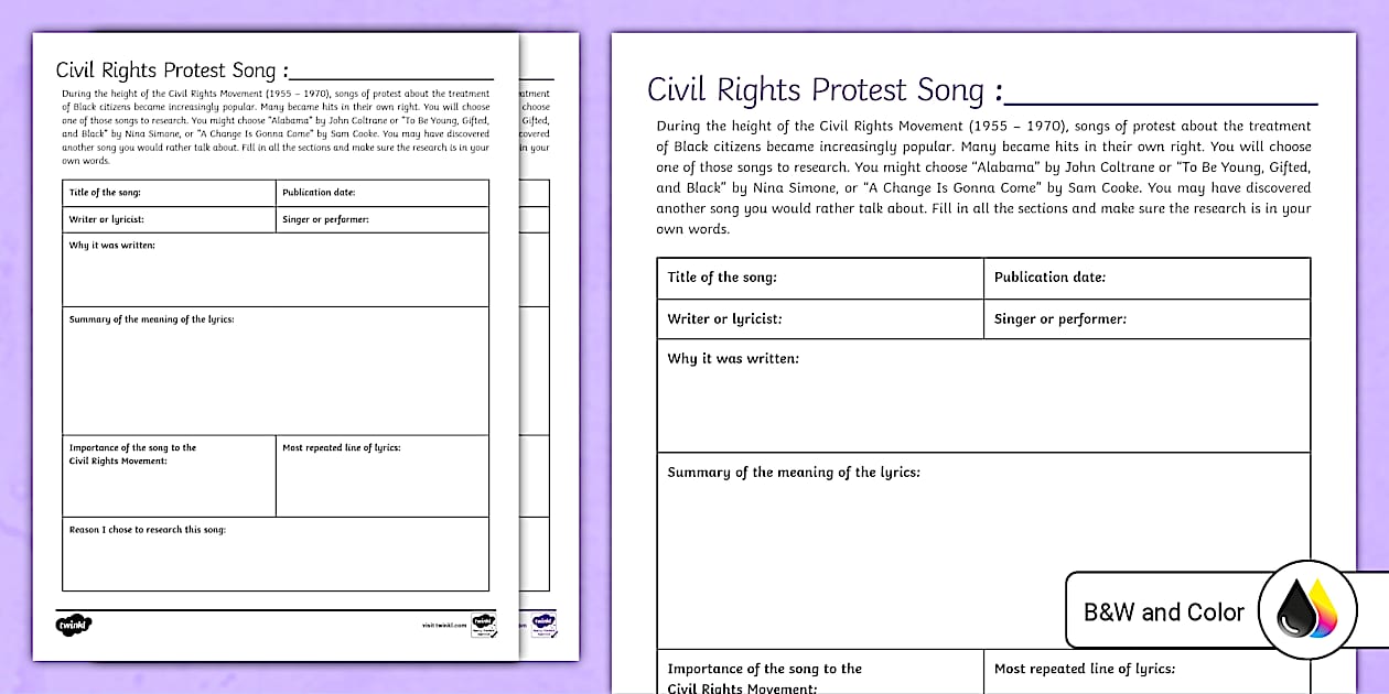 Civil Rights Protest Song Research Graphic Organizer for 6th-8th Grade