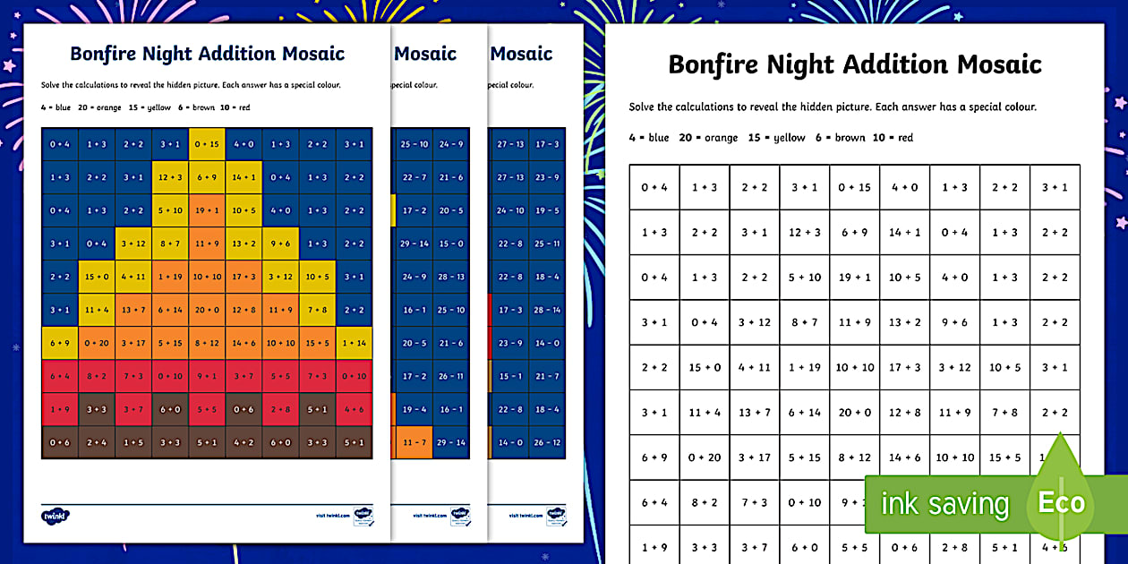 KS1 Bonfire Night Number Bonds Mosaic Worksheets - Twinkl
