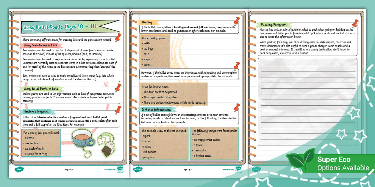 Using Bullet Points (Ages 10 - 11)