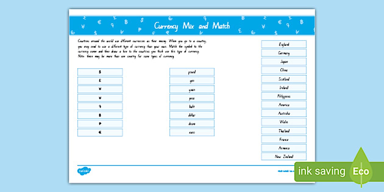 World Currency Mix and Match activity (teacher made)