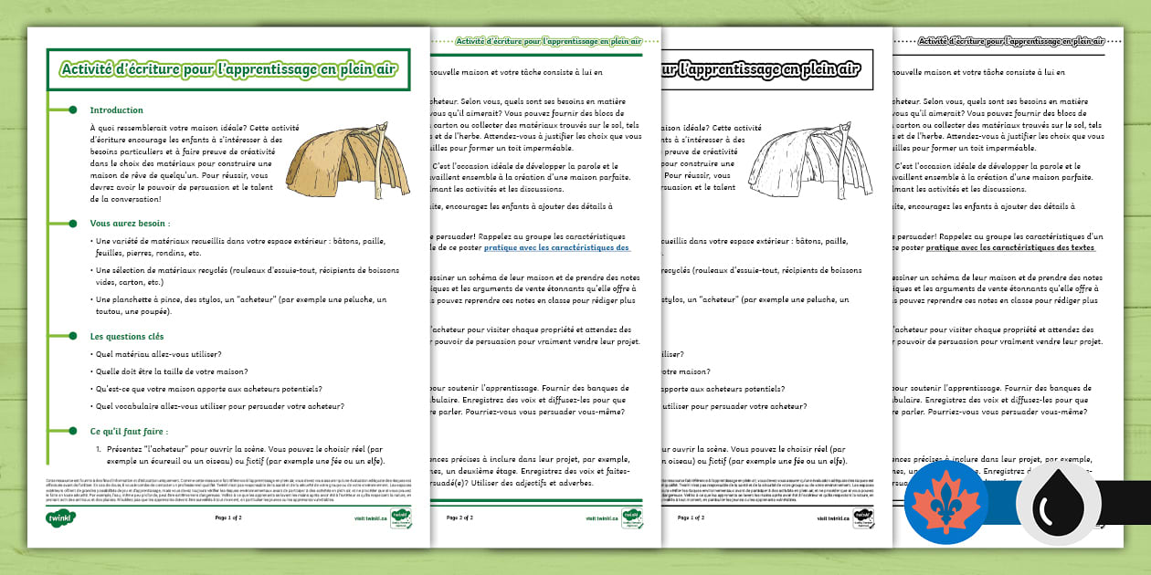 Intermediate Outdoor Learning Writing Activity French