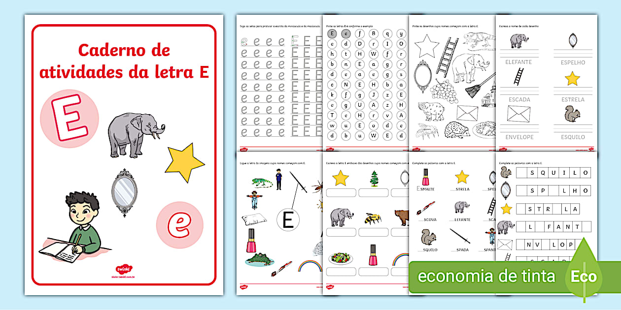 Caderno de Atividades com a Vogal E para Alfabetização