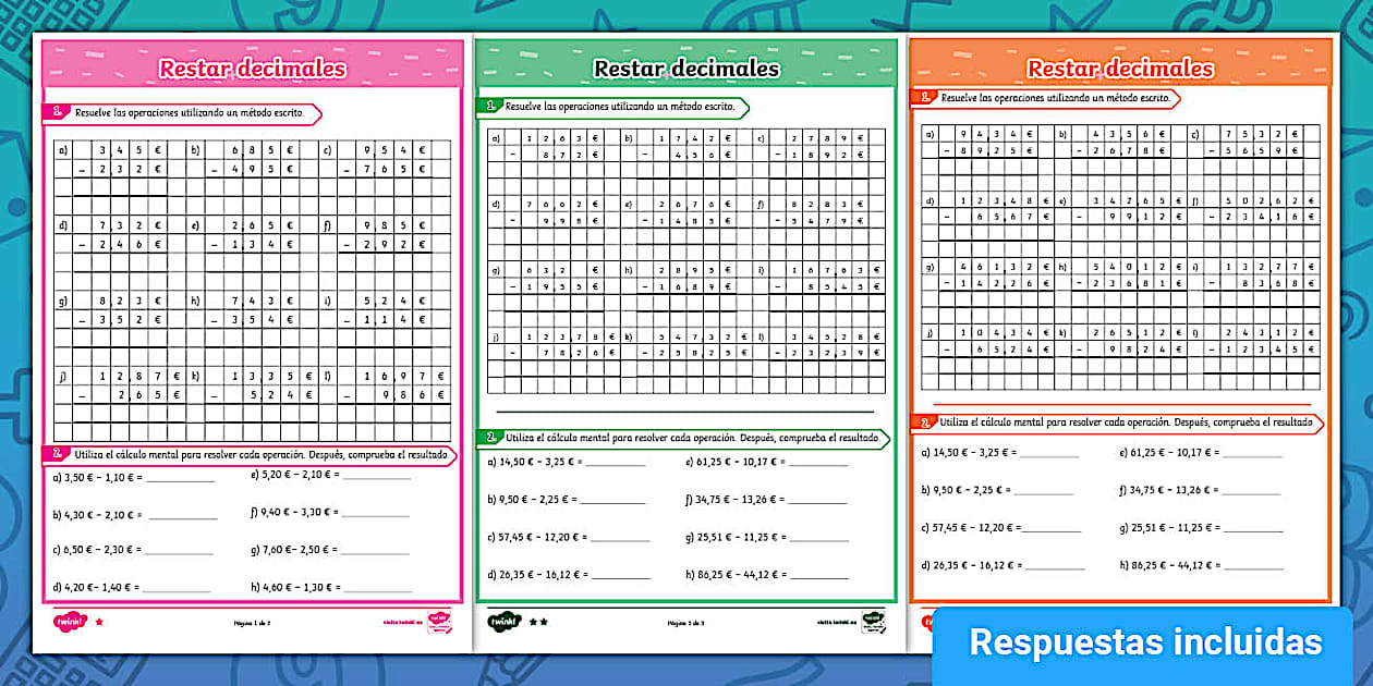 Ficha de actividad por niveles: Restar decimales - Twinkl