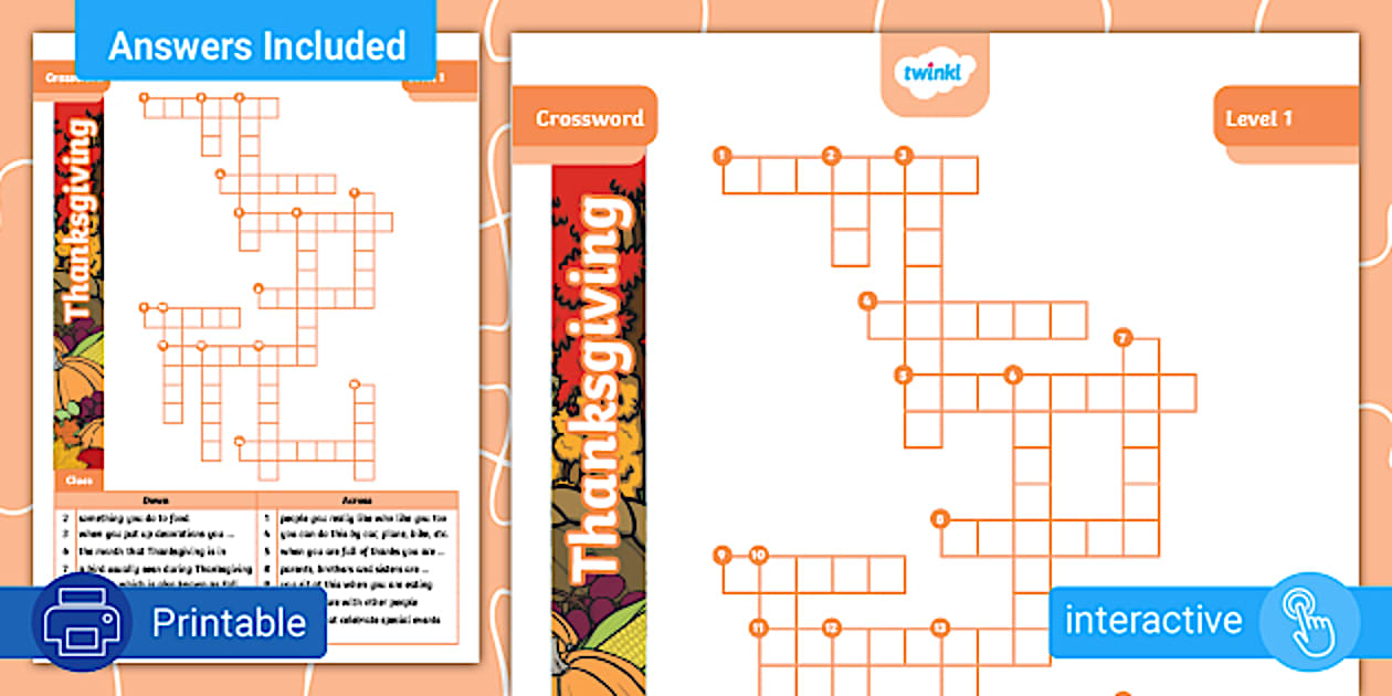 Thanksgiving Crossword - Level 1 - Twinkl - Kids Puzzles
