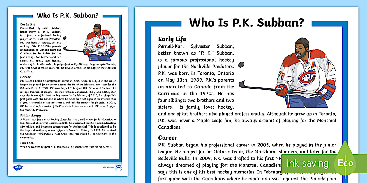 Who Is P.K. Subban? Fact File - Twinkl