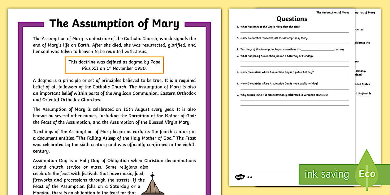 The Assumption of Mary Differentiated Reading Comprehension Activity