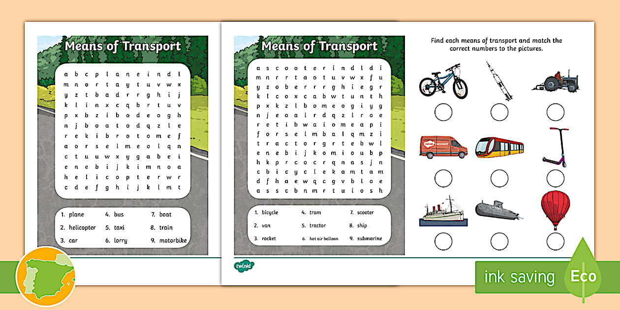 A2 Sopa de letras: Medios de transporte en inglés - Twinkl