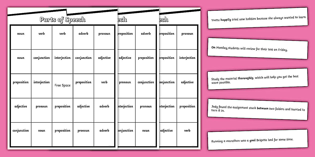 Sixth Grade Parts of Speech Bingo