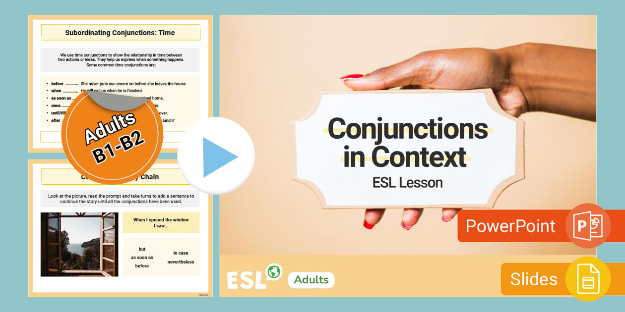 ESL Conjunctions in Context Lesson [Adults, B1-B2] - Twinkl