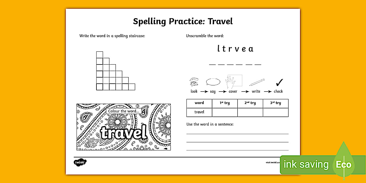 Travel Spelling Practice Worksheet (Teacher-Made) - Twinkl