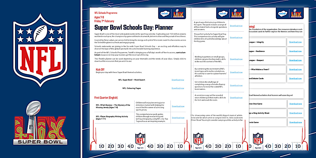 FREE! - NFL: Super Bowl Schools Day Planner [Ages 7-9]