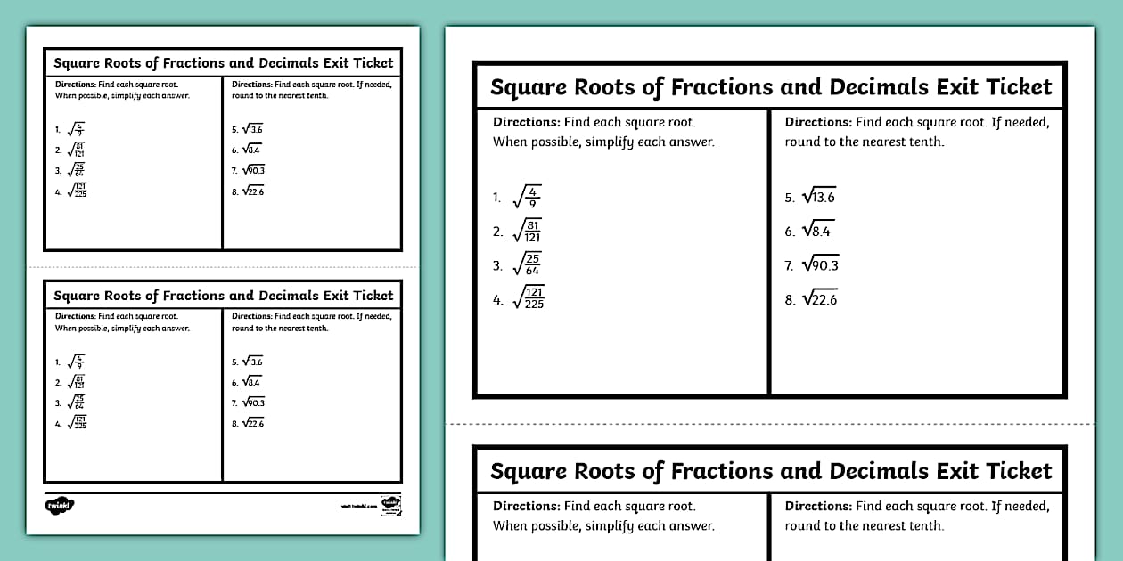 Eighth Grade Square Roots of Fractions and Decimals Exit Ticket