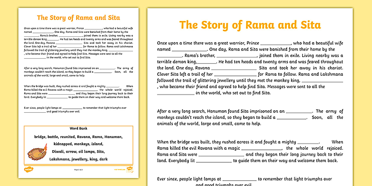 The Story of Rama and Sita Cloze Worksheet (teacher made)