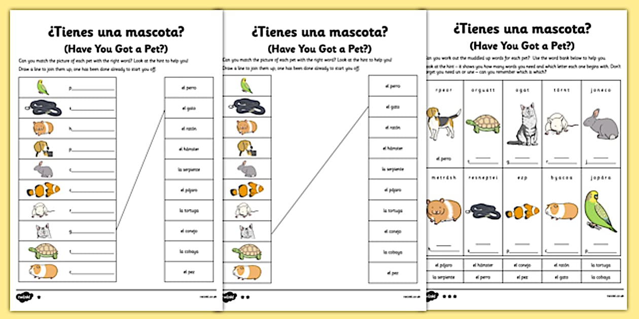 Editable Spanish Tienes Mascotas Worksheet - Twinkl