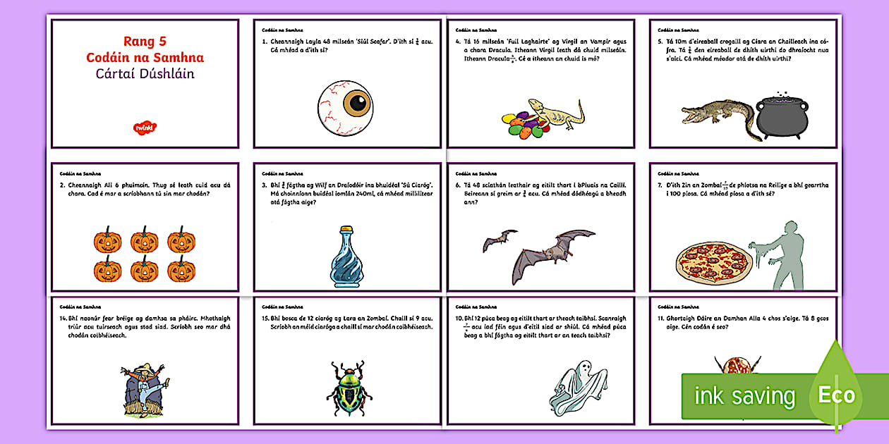 Codáin na Samhna Rang 5 Cártaí Dúshláin (teacher made)