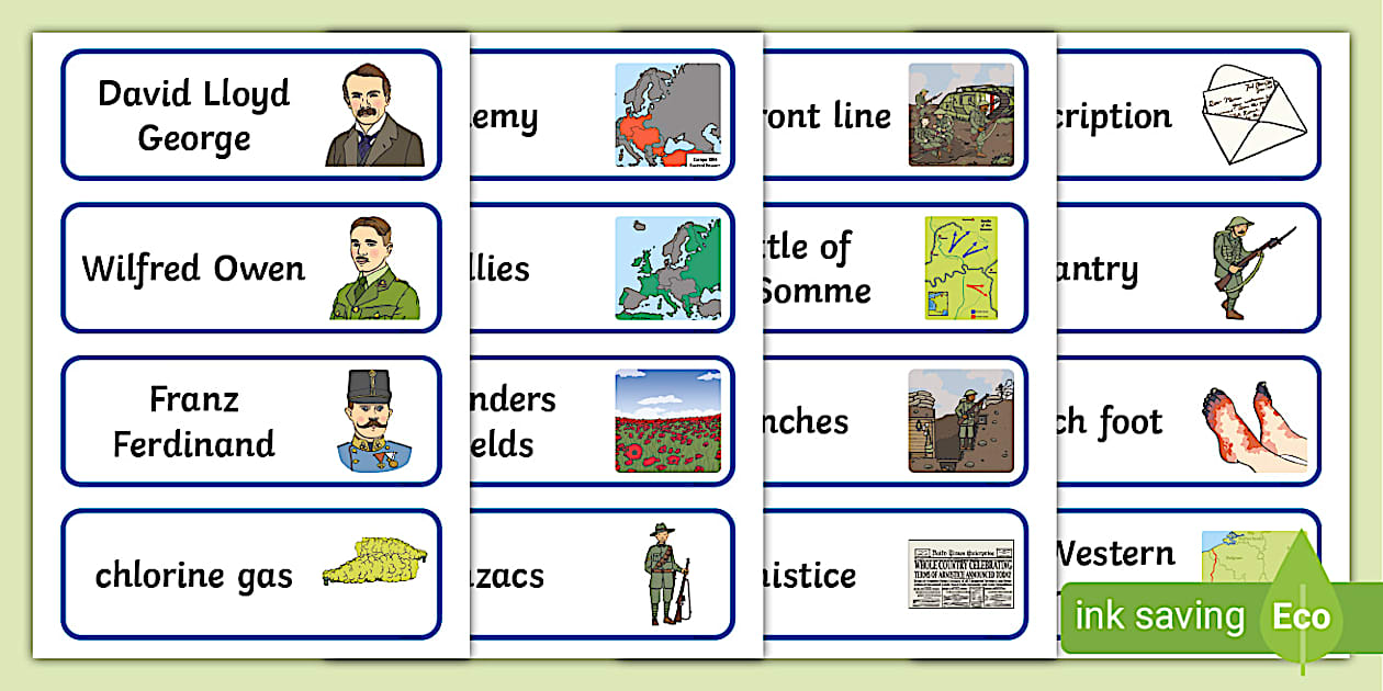 Cursive First World War Word Cards (teacher made) - Twinkl