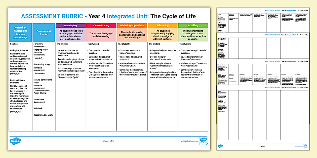The Cycle of Life Yr 4 IU Assessment Rubric (teacher made)