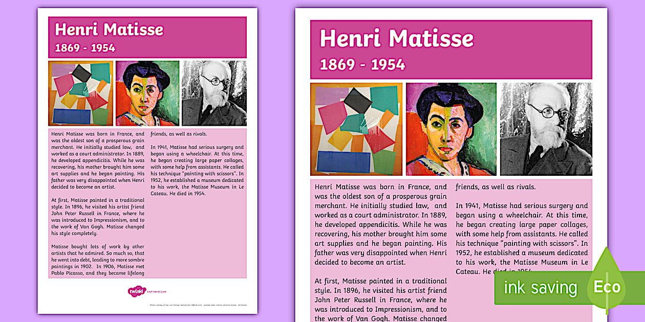 Henri Matisse Facts for Children - Printable Fact Sheet