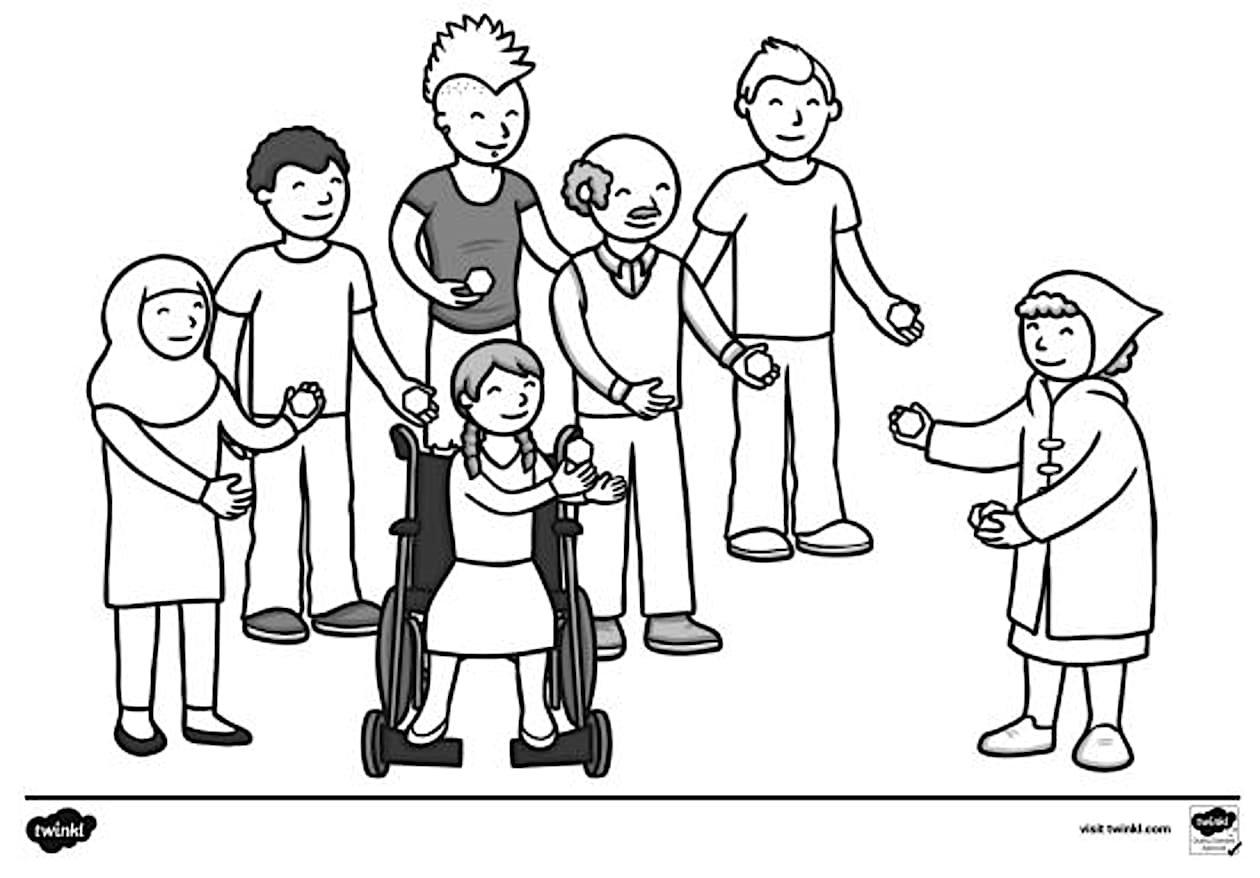 Old woman handing out friendship tokens | Colouring Sheets