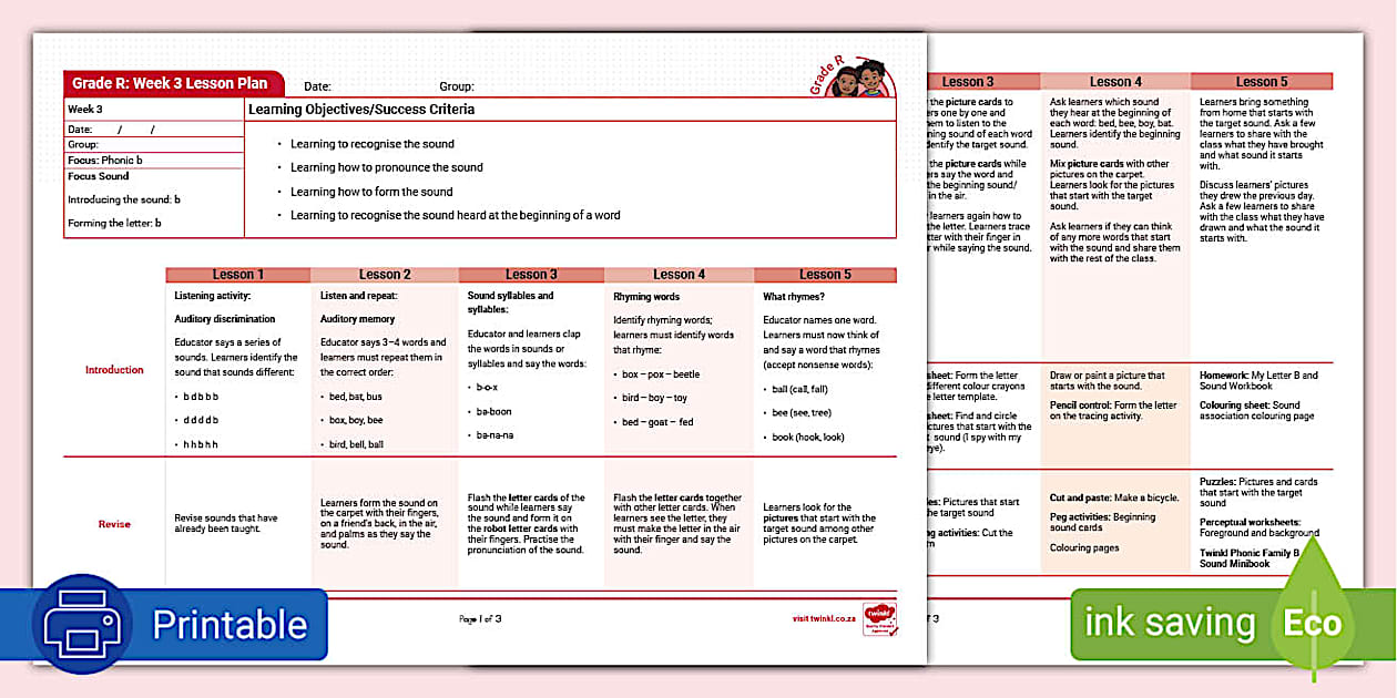 Gr. R Phonics B Lesson Plan Week 3 (teacher made) - Twinkl