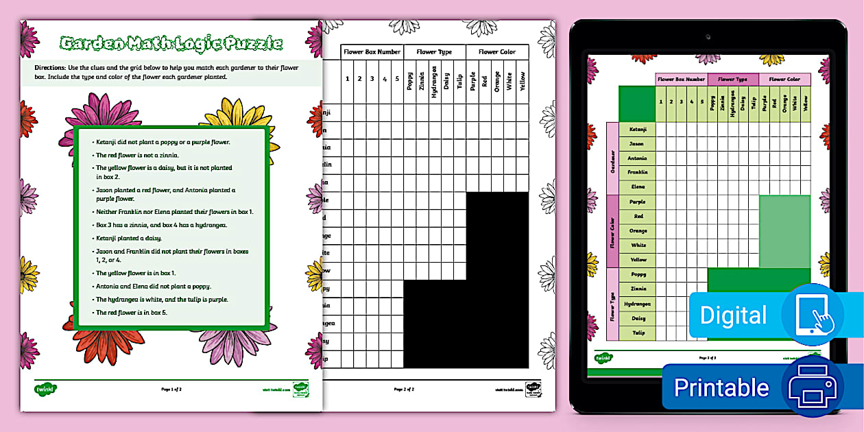 Garden Math Logic Puzzle for 6th-8th Grade - Twinkl