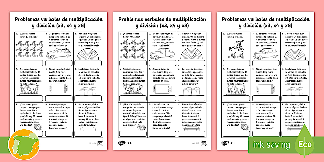 Editable Fichas de actividad: Problemas verbales de multiplicación y ...