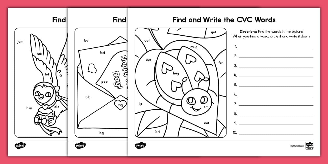 Kindergarten Valentine's Day Find and Write the CVC Words Activity