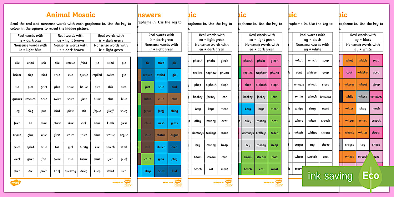 Phase 5 Animal Phonics Mosaic Worksheet (teacher made)