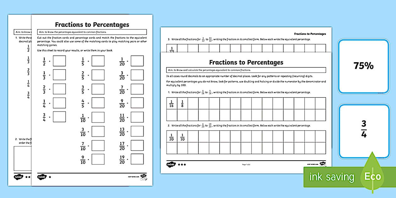 UKS2 Fractions to Percentages Differentiated Worksheet / Worksheets