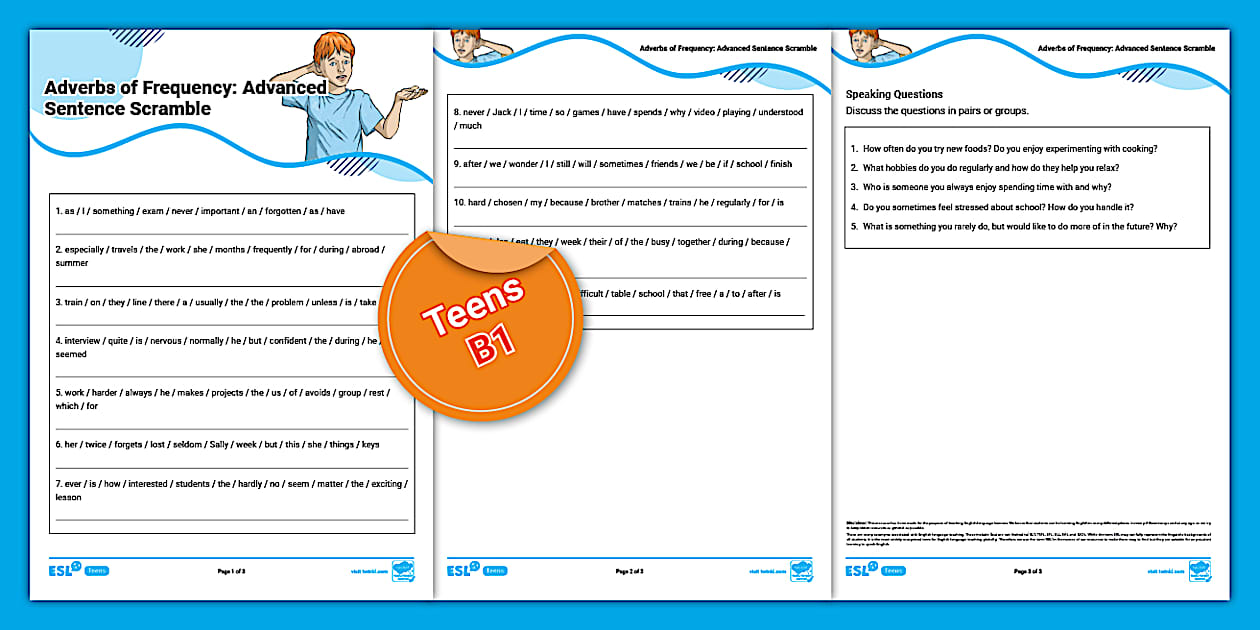 Advanced ESL Adverbs of Frequency Sentence Scramble Activity