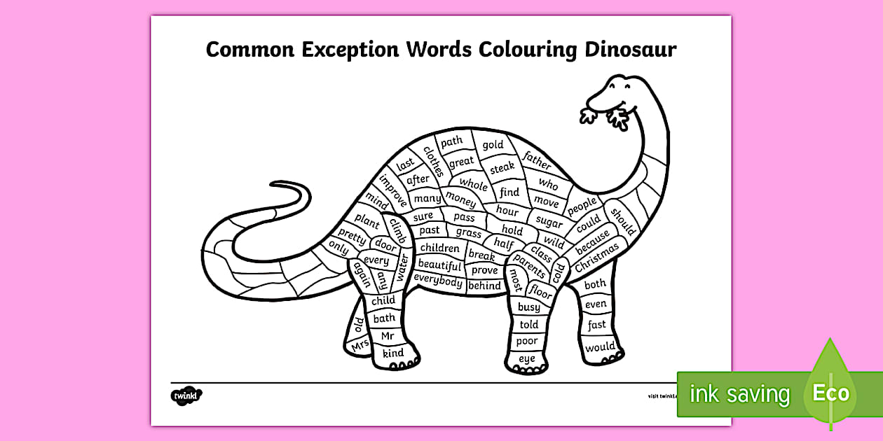 Common Exception Words Colouring Dinosaur Worksheet - Twinkl