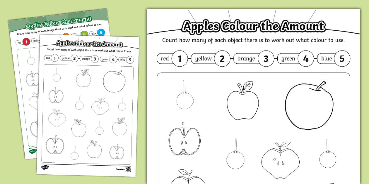👉 Apples Colour the Amount Worksheet - Twinkl