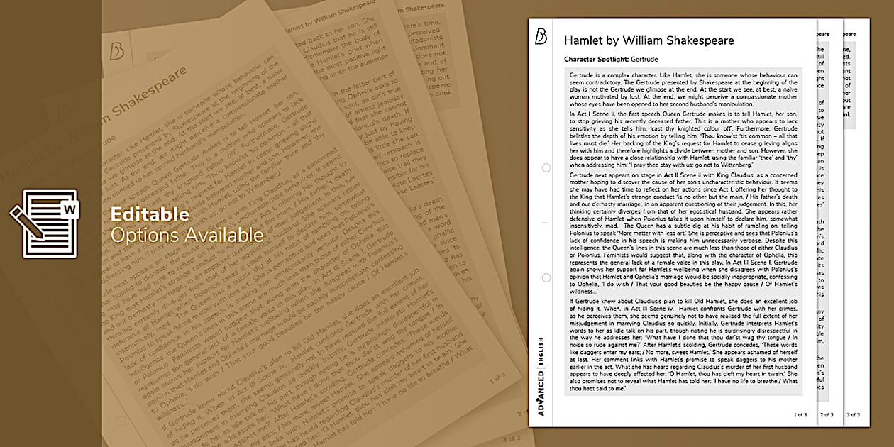 Hamlet Revision: Character Spotlight - Gertrude - Twinkl