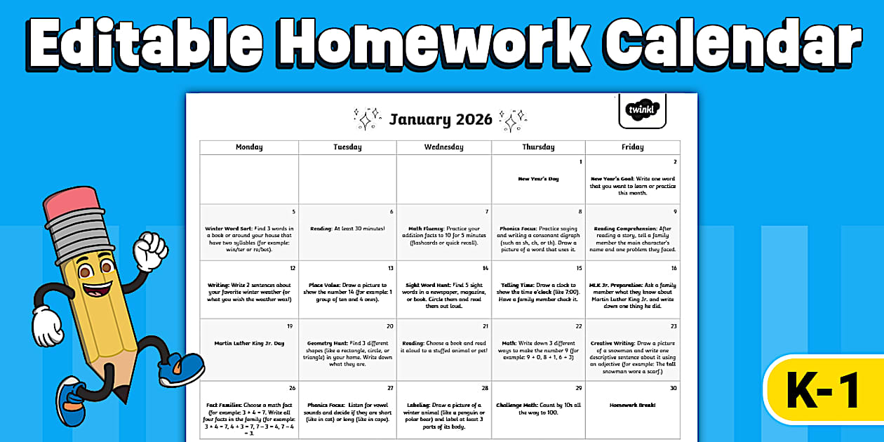 Editable January Homework Calendar for K-1st Grade