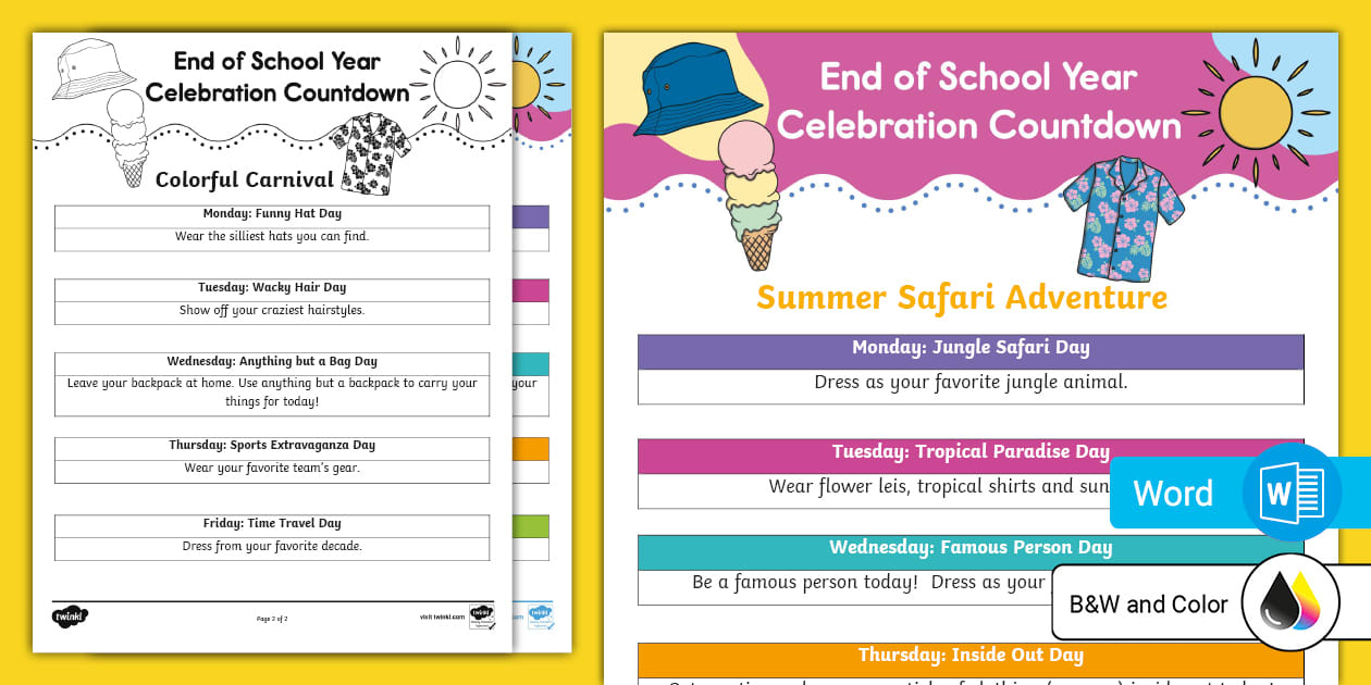 Editable End of Year Countdown Theme Days (teacher made)