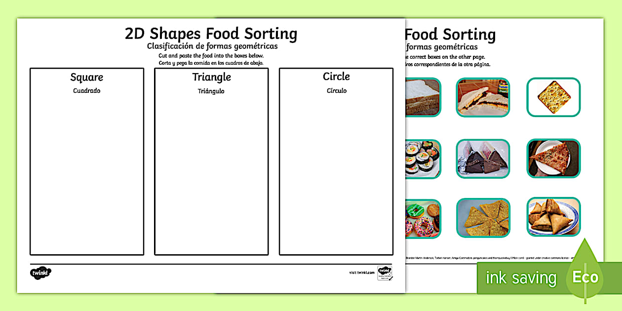 Food 2D Shape Sorting Worksheet / Worksheet English/Spanish