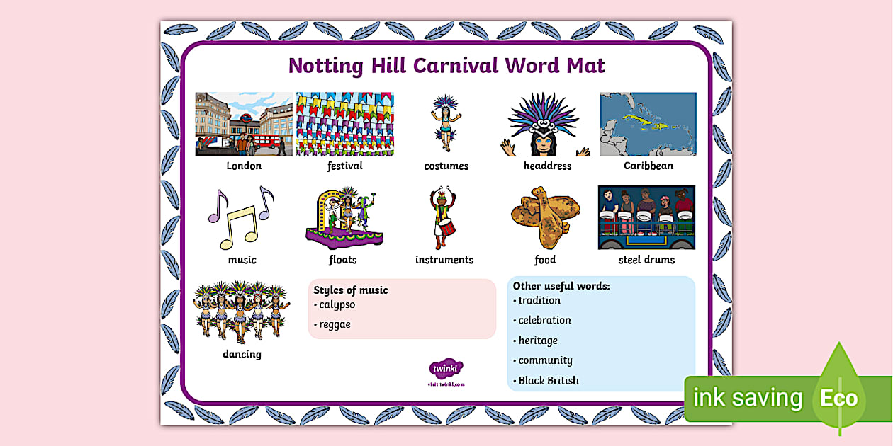 Notting Hill Carnival Word Mat (teacher made) - Twinkl